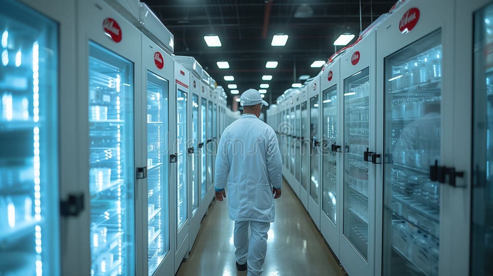 A Worker Walks through a Cold Storage Facility with Rows of ...