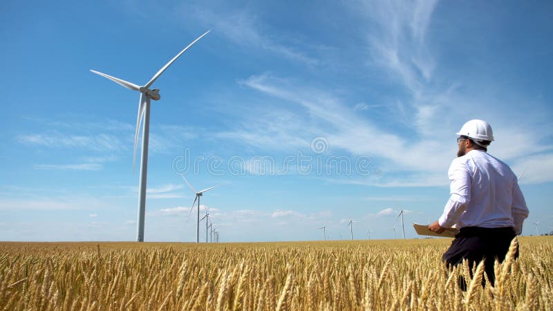 Worker of a Wind Power Plant in a Yellow Wheat Field Stock Image ...