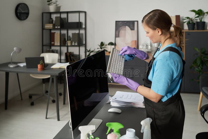 Worker Wiping Dust in Office Stock Photo - Image of chores, sanitary ...