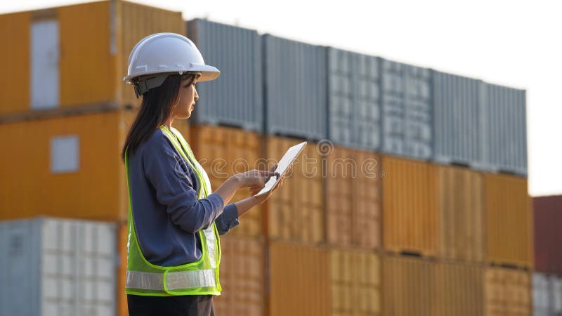 Worker Woman Checking and Control Loading Containers Box from Cargo ...
