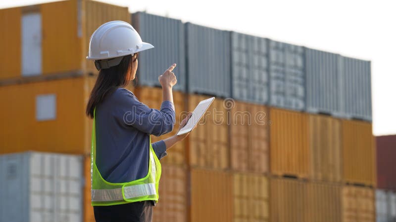 Worker Woman Checking and Control Loading Containers Box from Cargo ...