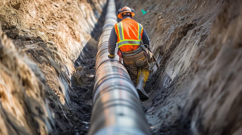 A Construction Worker Working with Big Pipeline Stock Photo - Image of ...