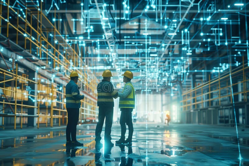 Worker Working in Futuristic Warehouse Interface Holographic Technology ...