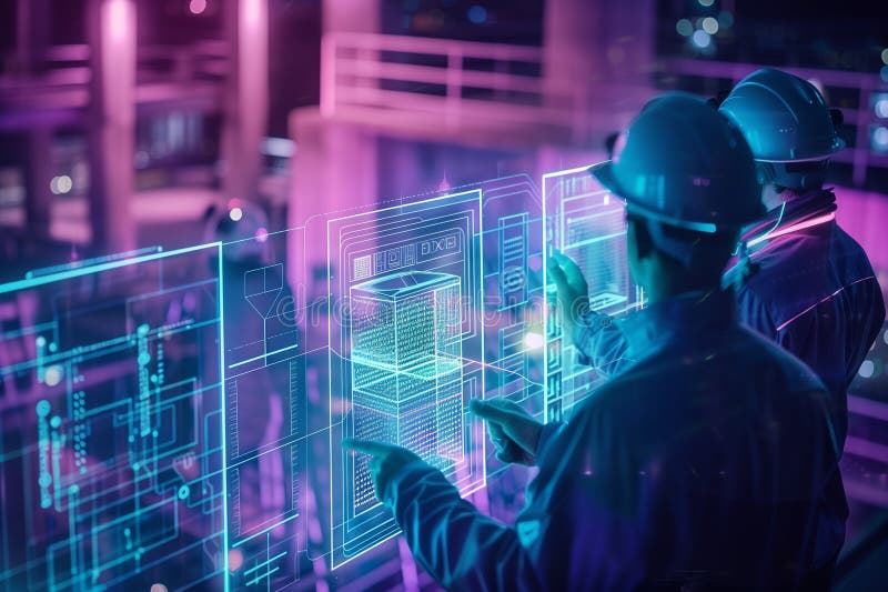 Worker Working in Futuristic Warehouse Interface Holographic Technology ...