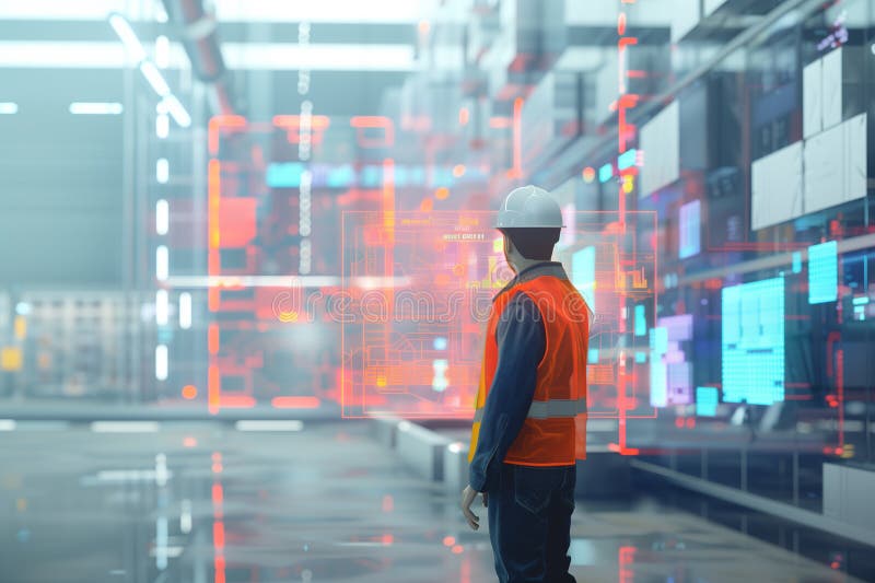 Worker Working in Futuristic Warehouse Interface Holographic Technology ...