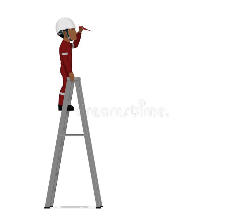 A Worker is Working on the Ladder Stock Vector - Illustration of ...