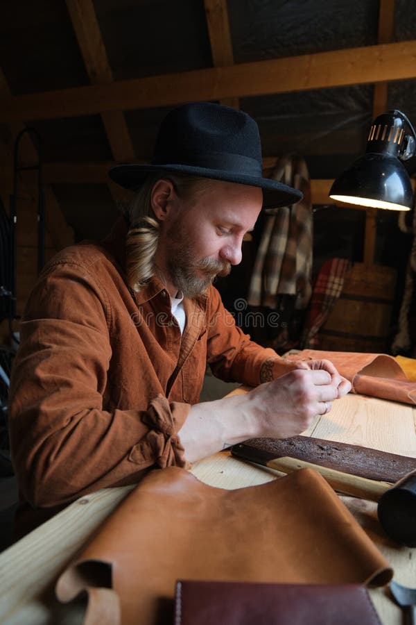Worker Working with Leather Textile in Workshop Stock Photo - Image of ...