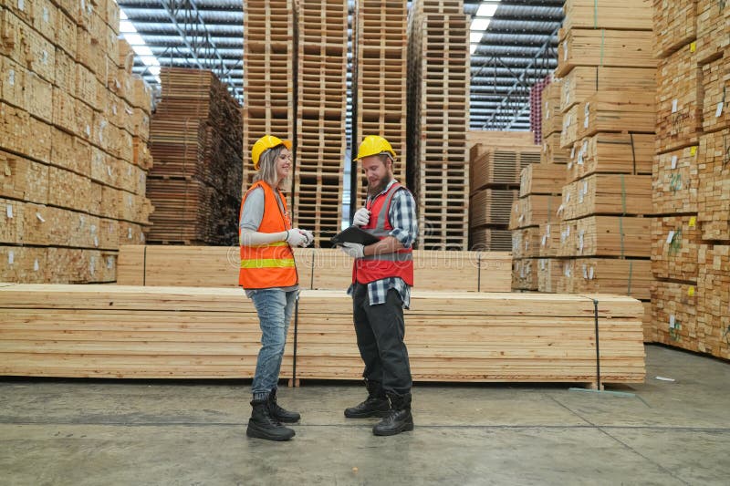 Worker are Working at Lumber Yard in Large Warehouse. Stock Photo ...