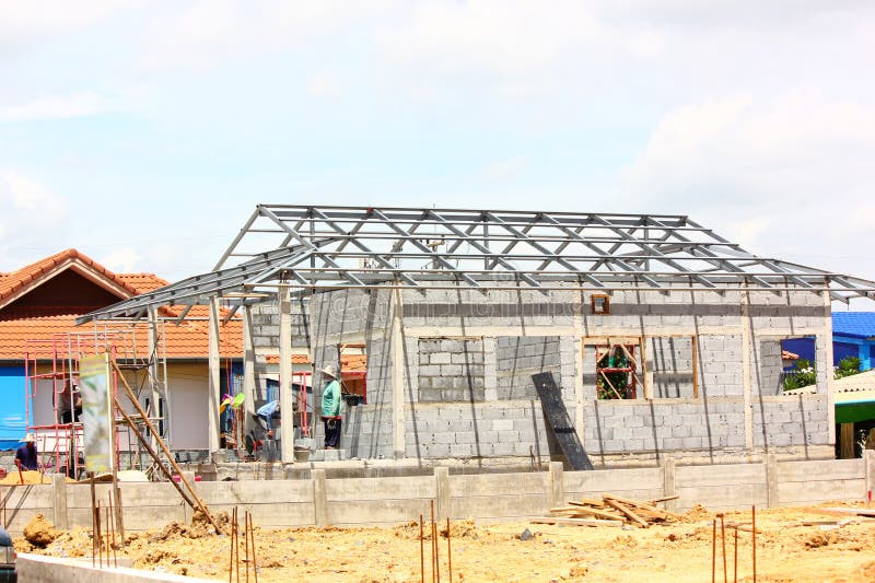 Worker Working New House Under Construction Site Stock Photo - Image of ...