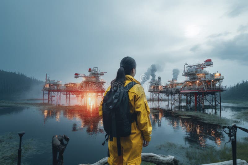 Worker Working at Oil Rig. Offshore Oil Rig at Sunset Time. Oil ...