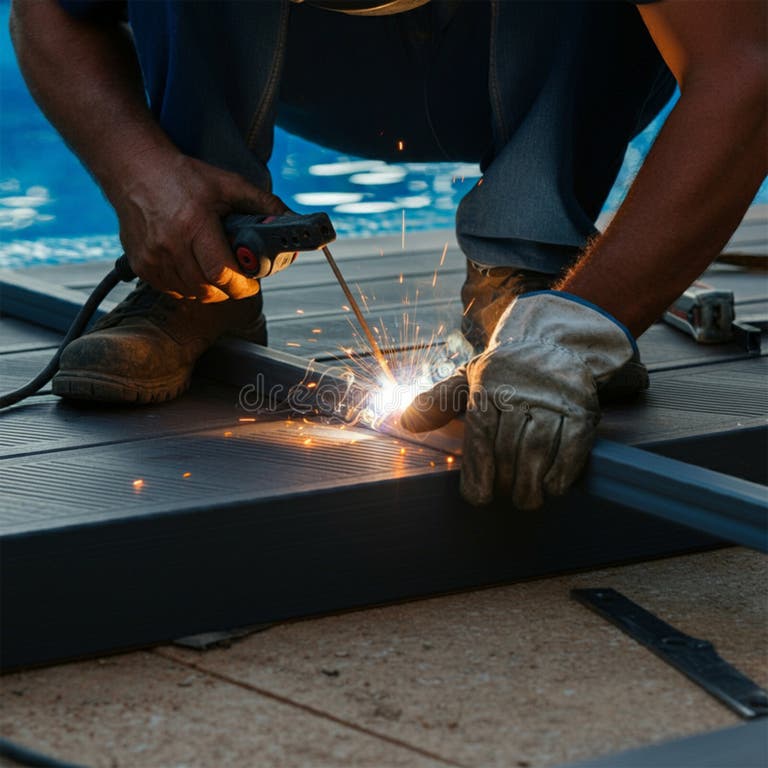 A Worker Working by the Pool Does Welding Work. Blue Colored Pool in ...