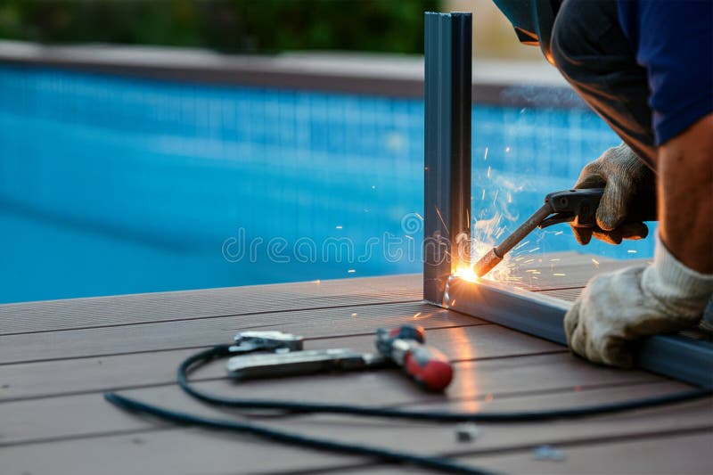 A Worker Working by the Pool Does Welding Work. Blue Colored Pool in ...