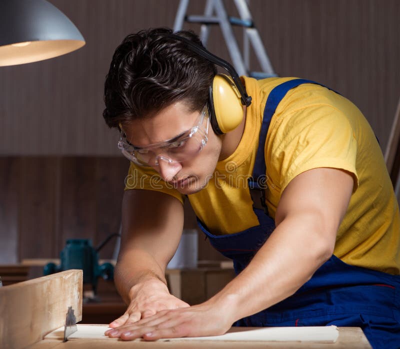 The Worker Working in Repair Workshop in Woodworking Concept Stock ...