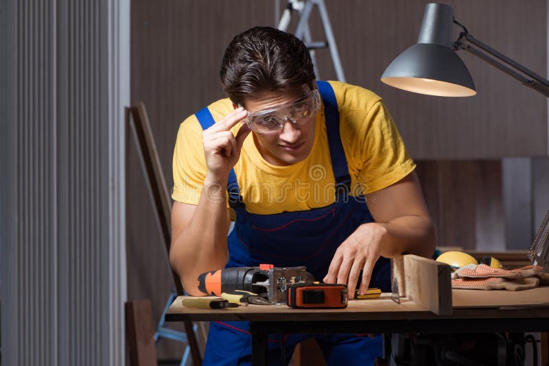 The Worker Working in Repair Workshop in Woodworking Concept Stock ...