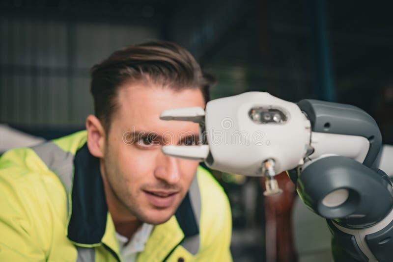 Engineer Working on Robotics Factory Stock Photo - Image of controller ...