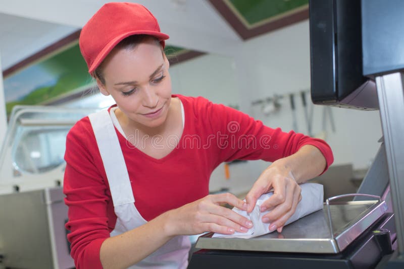 Worker Wrapping Fresh Goods on Scales Stock Photo - Image of utensil ...
