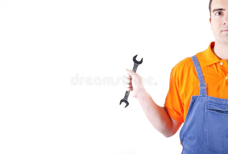 Worker and Wrench in His Fist Stock Photo - Image of white, dungarees ...