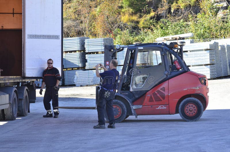 Worker on Yard with Truck Lift Preparing Work Editorial Stock Photo ...