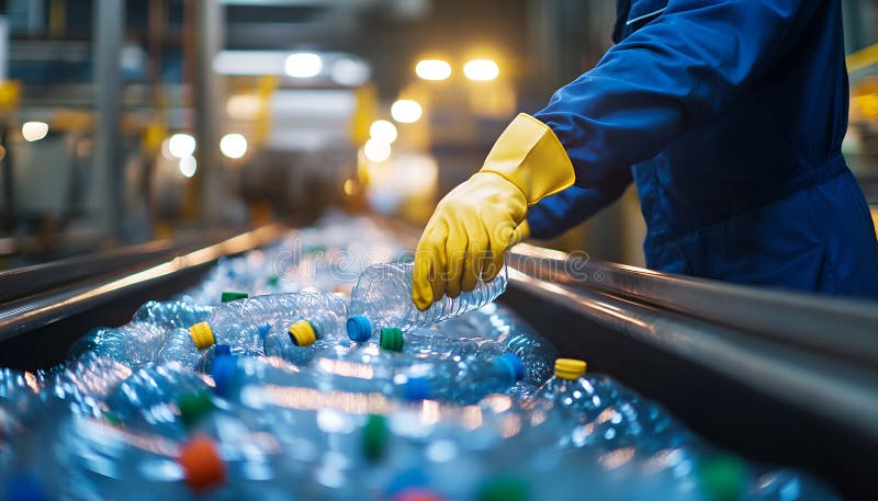 Worker in Yellow Gloves Sorting Plastic Bottles on Conveyor in Recycling Facility. Concept of ...