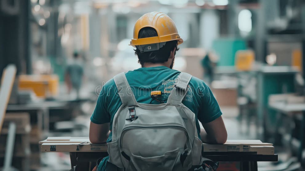 Worker in Yellow Hard Hat Sits at Table in Workshop, Focused on Tasks ...