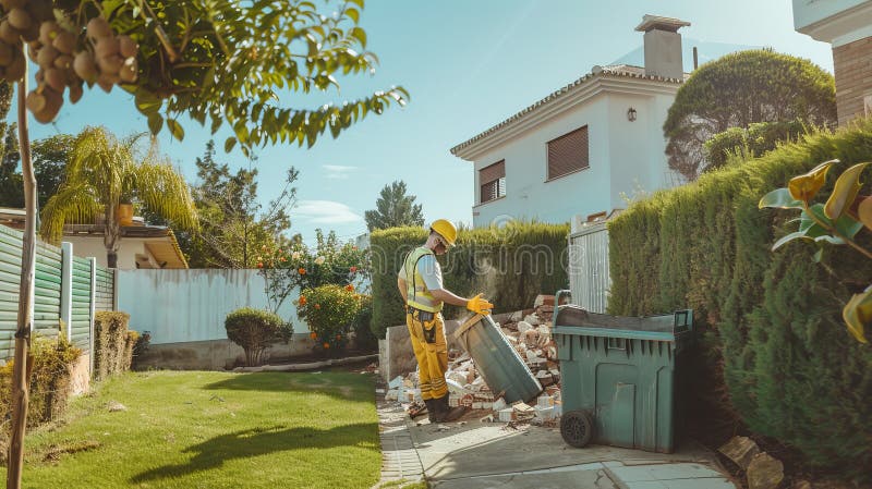 Worker in Yellow Uniform Cleaning Backyard Garden on a Sunny Day. he is ...