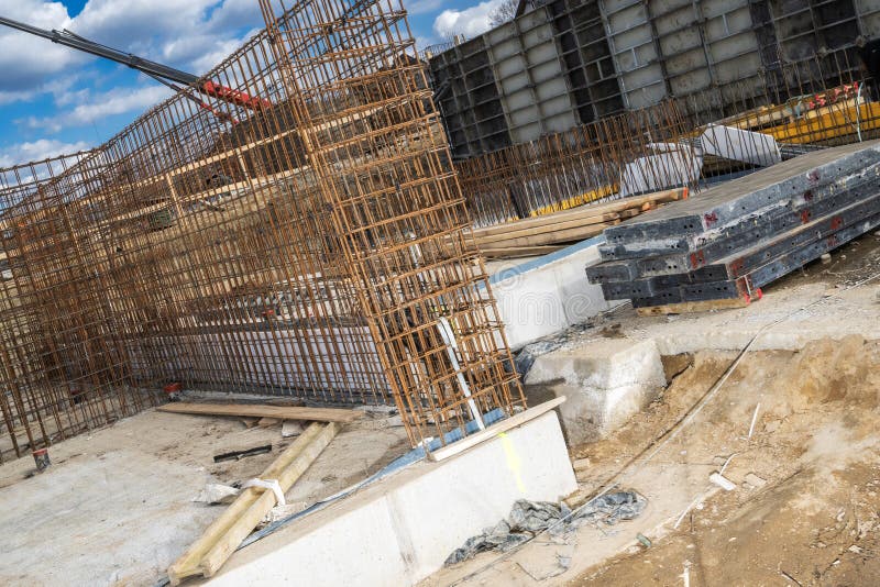 Construction Site with Steel Framework and Materials at Work Stock ...