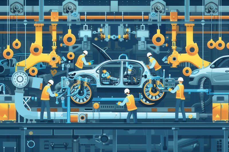 Workers are Actively Engaged in Assembling Various Car Components on an ...