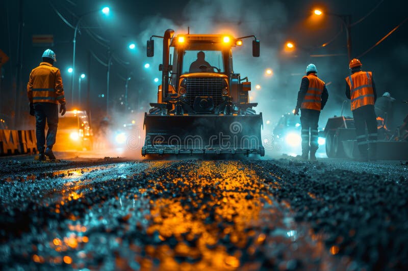 Night Shift Workers Using Steamroller at Road Site Stock Illustration ...