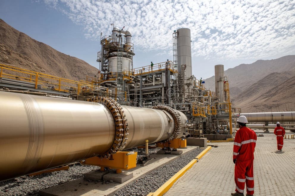 Workers Installing Final Segment of Large Scale Pipeline in Industrial ...
