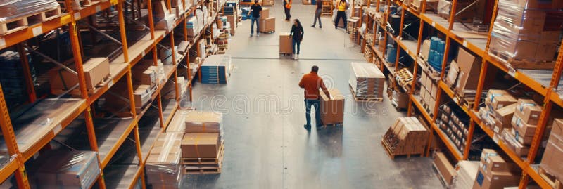 Workers are Actively Moving Boxes and Pallets in a Bustling Warehouse ...