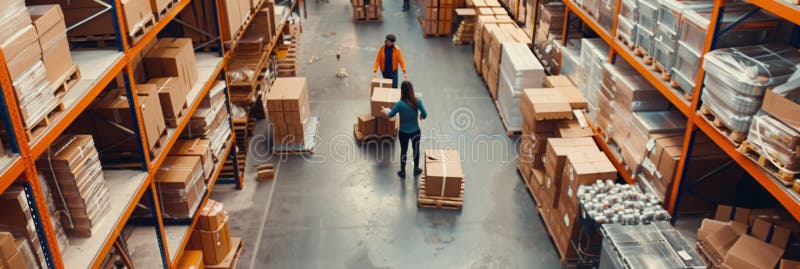 Workers are Actively Transporting Boxes and Pallets in a Warehouse ...