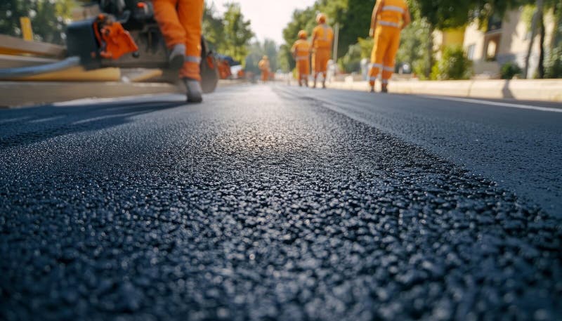 Workers Applying Fresh Lane Markings on a Newly Paved Road Surface in ...