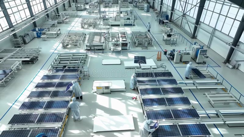 Workers Assemble Advanced Solar Panels in High Tech Factory. Clean ...
