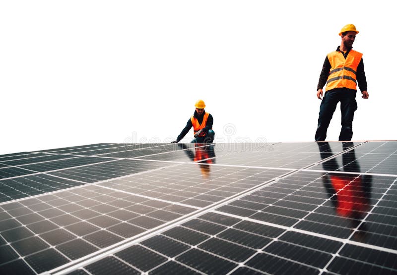 Workers Assemble Energy System with Solar Panel for Electricity Stock ...