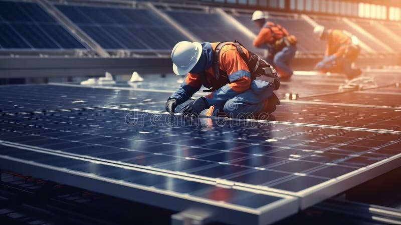 Workers Assemble Energy System with Solar Panel. Generative AI Stock ...