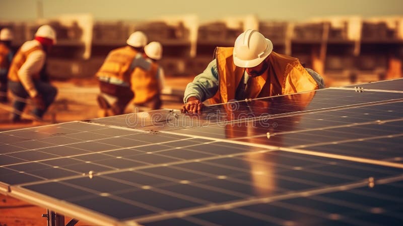 Workers Assemble Energy System with Solar Panel. Generative AI Stock ...