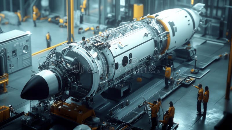 Workers Assemble a Large Rocket in a Manufacturing Facility Stock Image ...