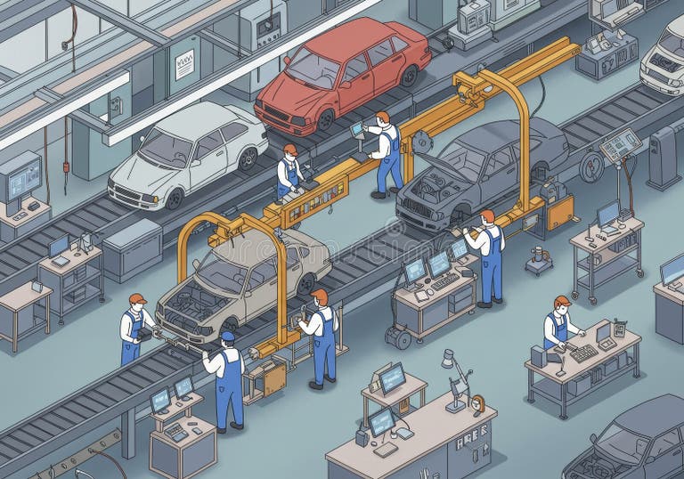 Workers Assembling Cars on an Assembly Line in a Factory Stock ...
