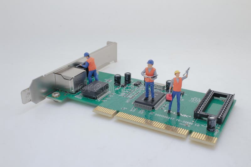 Workers Assembling Computer Hardware on Green Circuit Board Stock Image ...