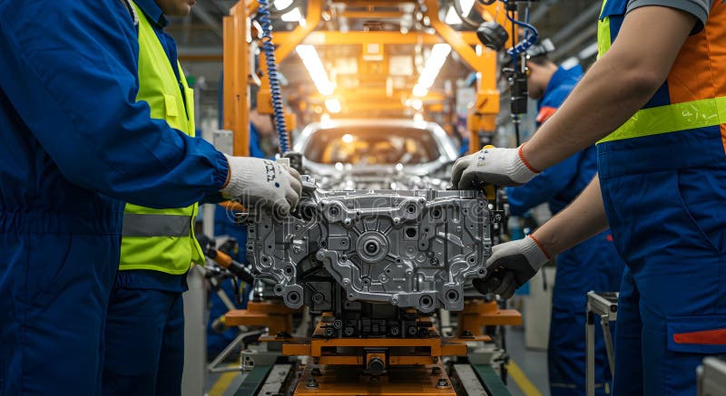 Workers Assembling Engine in Car Factory with Safety Gear Stock ...