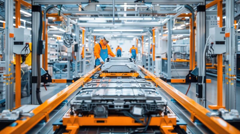 Workers Assembling EV Batteries in a High-tech Facility, Showcasing ...
