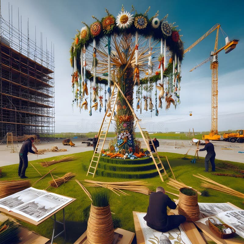 Workers Assembling Large Decorated Maypole for a Traditional Festival ...