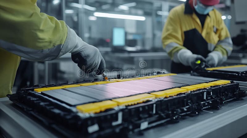 Workers Assembling Lithium Battery Components in a High-Tech ...
