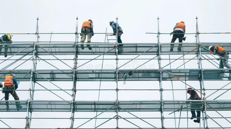 Workers Assembling Metal Scaffolding, Teamwork in Action Stock ...