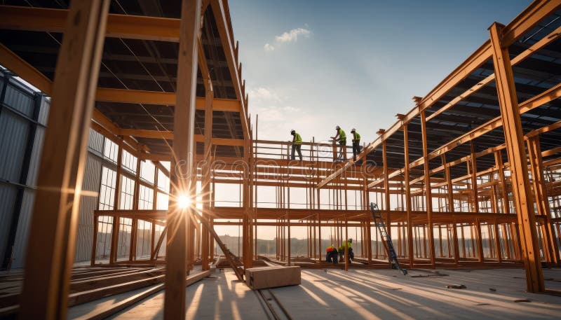 Workers Assembling Steel Framework at Sunrise Stock Photo - Image of ...