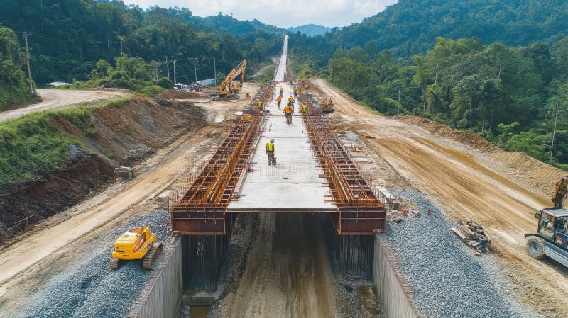 Workers Assembling Steel Structure at Bridge Construction Site Stock Illustration - Illustration ...