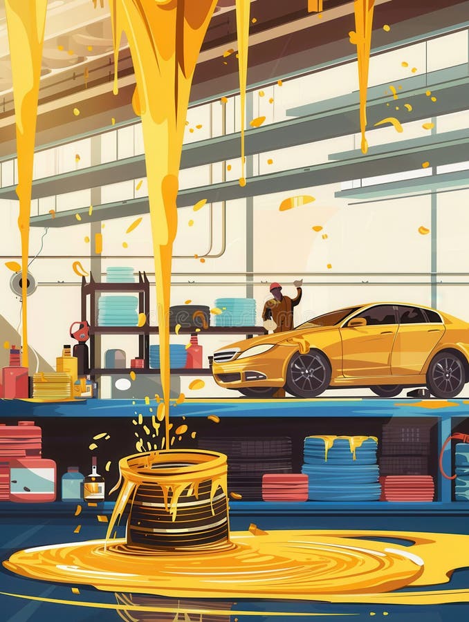 Workers in an Auto Shop Engage in Maintenance Tasks with Yellow Paint Spilling Dramatically ...