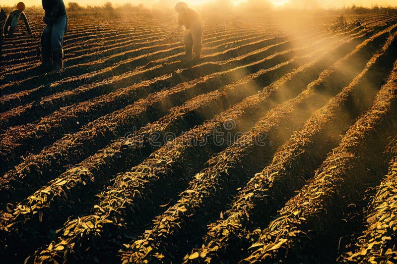 Workers among the Beds in the Field at Sunset, Countryside Scene. Stock ...