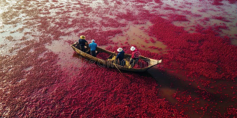 Workers in a Boat Gathering Red Fruit from a Lake Stock Illustration ...