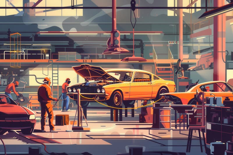 Workers in a Body Shop Assemble a Classic Car, Using Welding Tools and ...